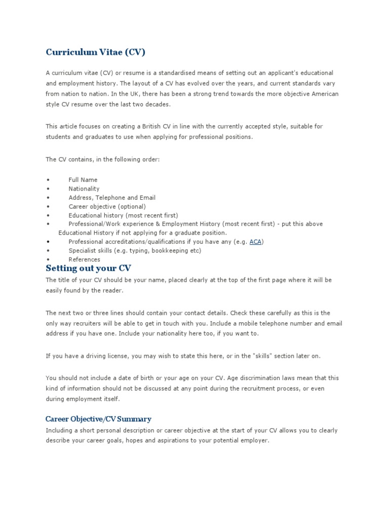 Creating an Effective British-Style Curriculum Vitae for Students and ...