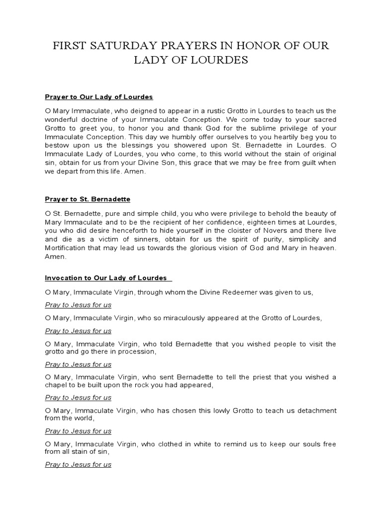 First Saturday Prayers in Honor of Our Lady of Lourdes | PDF | Mary ...