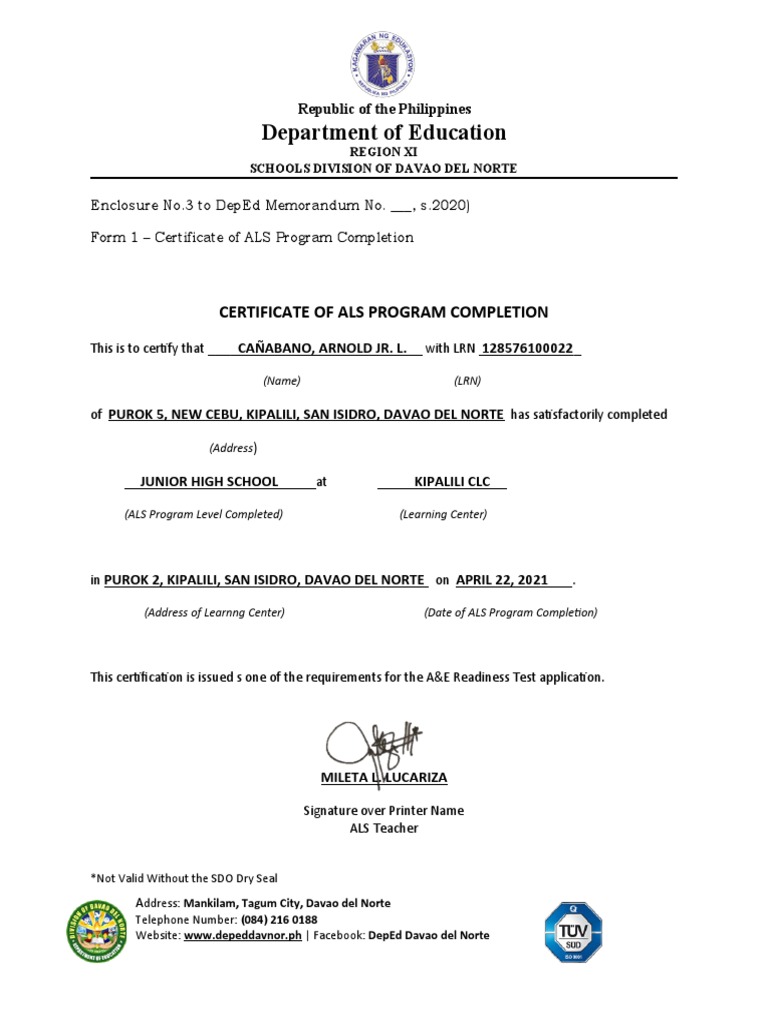 Department of Education: Certificate of Als Program Completion | PDF ...
