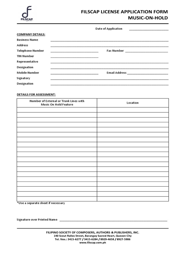 Filscap License Application Form Music-On-Hold: Company Details | PDF