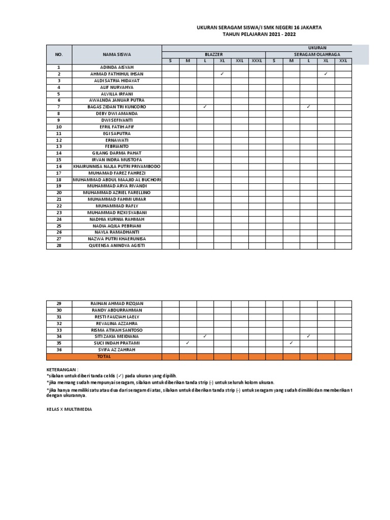 Ukuran Seragam Siswa SMKN 16 Jakarta | PDF