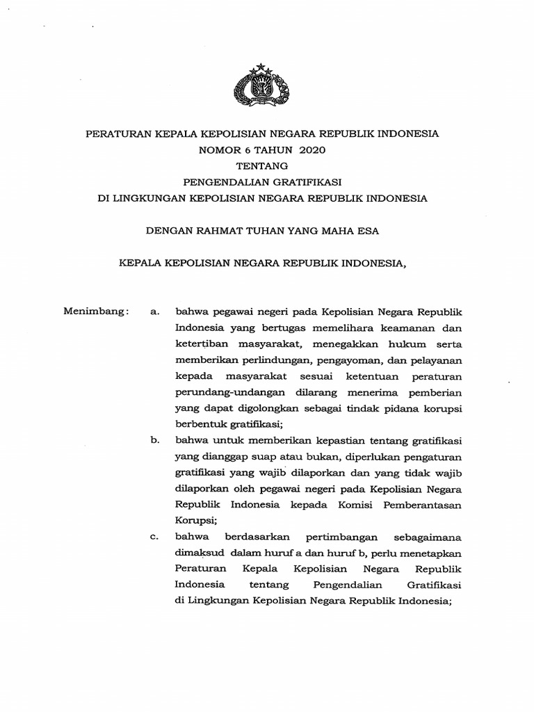Perkap Nomor 6 Tahun 2020 Tentang Pengendalian Gratifikasi Di ...