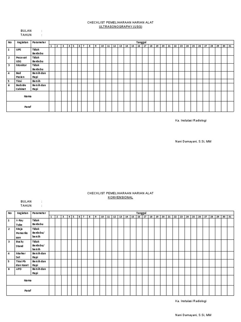 Checklist Kebersihan Alat | PDF