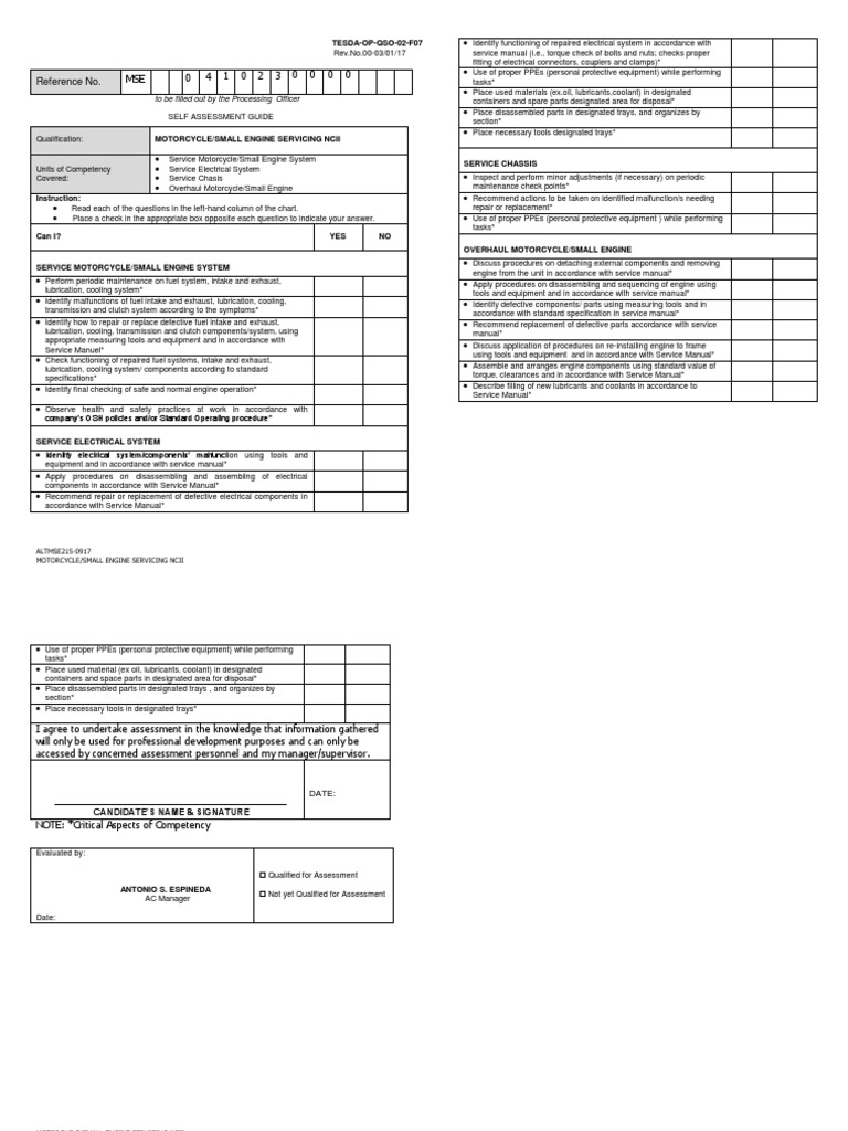 TESDA-OP-QSO-02-F07 Self-Assessment Guide | PDF | Transmission ...