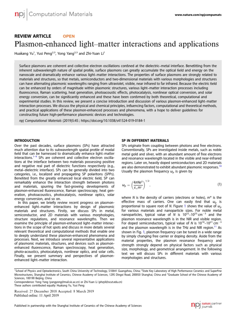 Plasmon-Enhanced Light-Matter Interactions and Applications | Download Free PDF | Plasmon ...