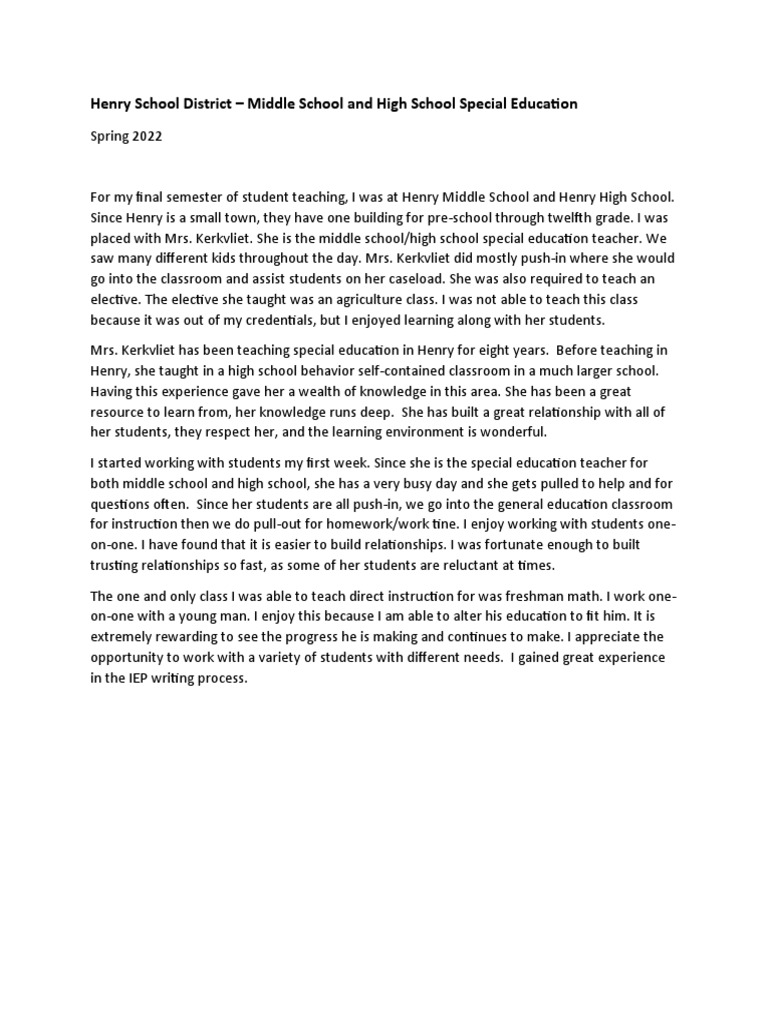 Student Teaching Reflection Sped | PDF | Wellness