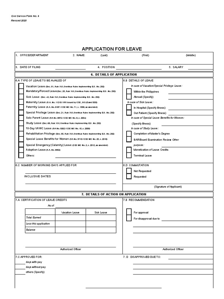 CS Form No. 6 Revised 2020 Application For Leave | PDF | Sick Leave ...