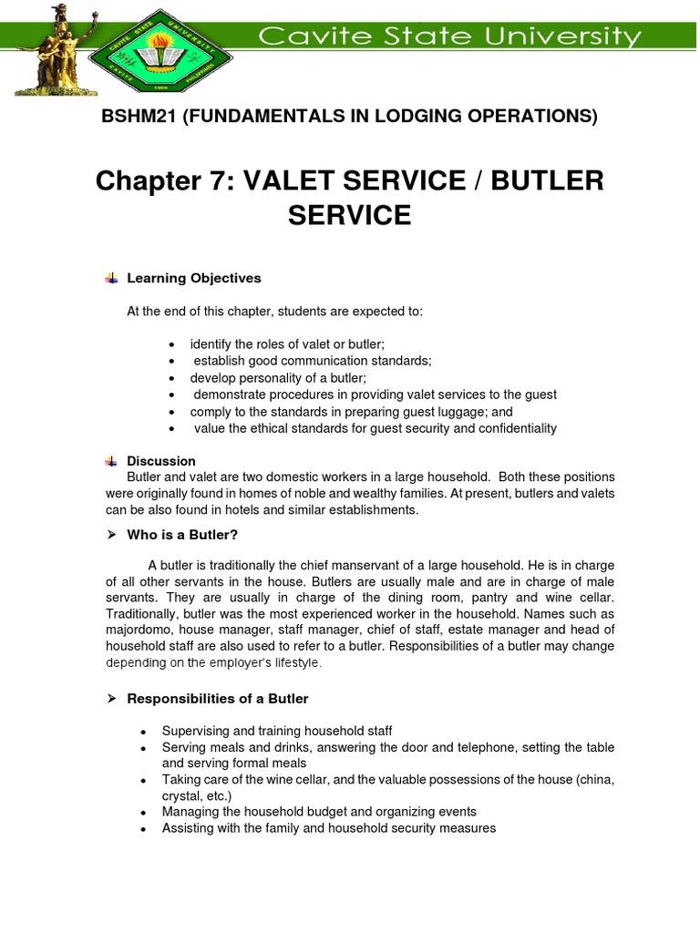 Chapter 7: Valet Service / Butler Service: Bshm21 (Fundamentals in ...