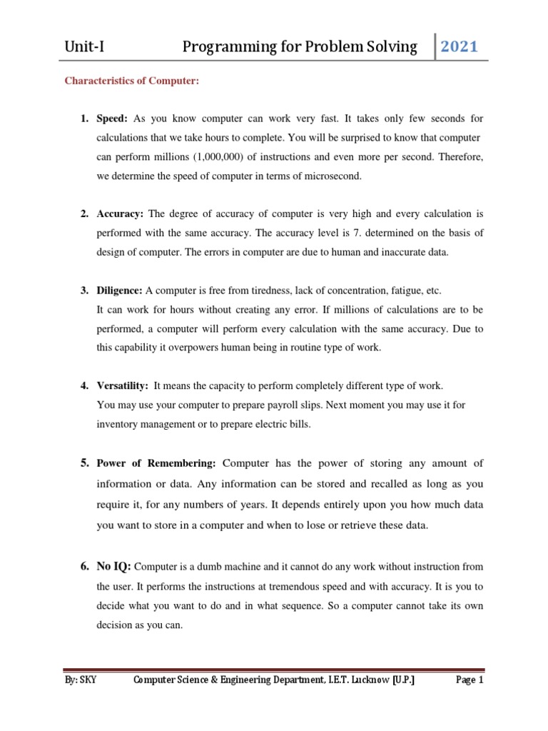 Unit-I Programming For Problem Solving: Characteristics of Computer ...