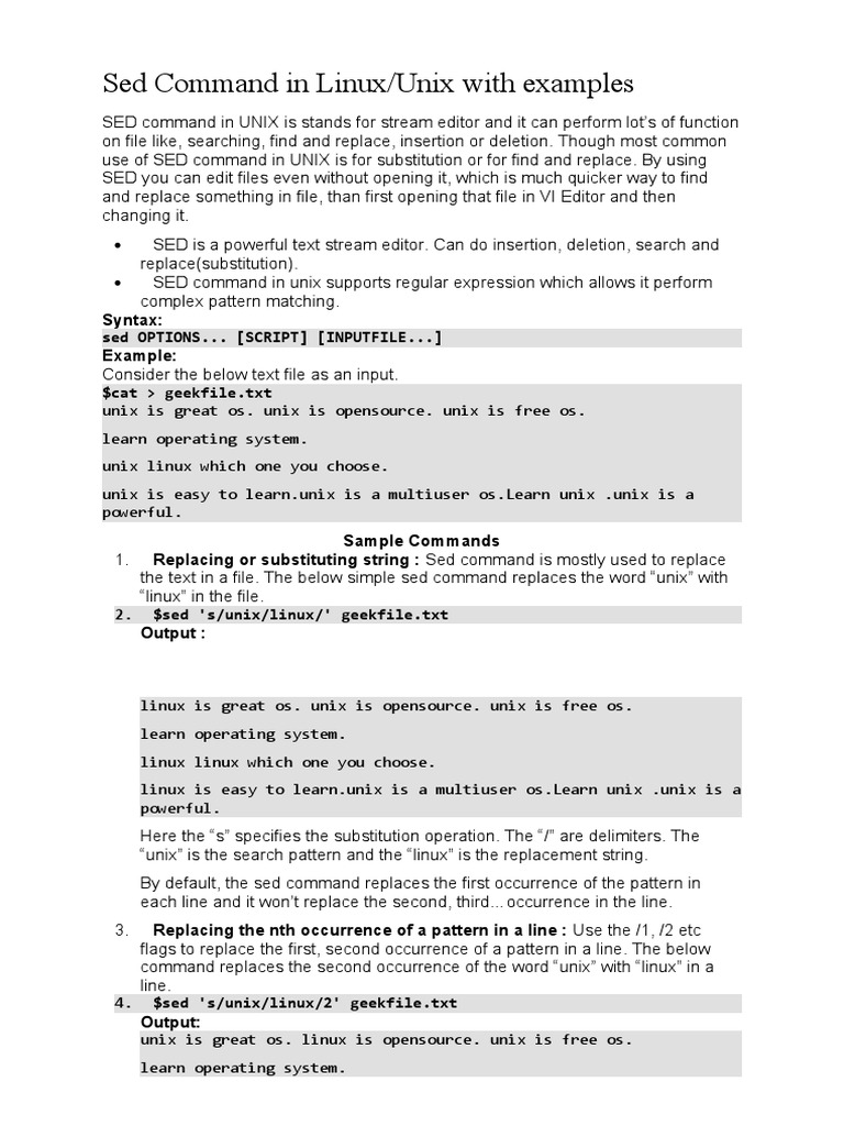 Sed Command In Linuxunix With Examples Syntax Example Pdf Software Unix