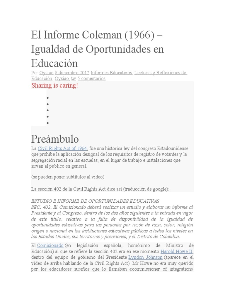 El Informe Coleman 1966 | PDF | Desigualdad social | Discriminación y ...