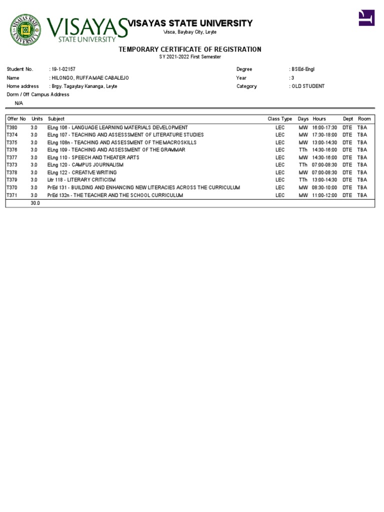 Visayas State University: Temporary Certificate of Registration | PDF