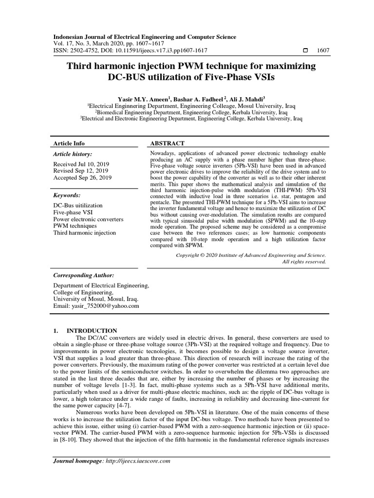 1-Third Harmonic Injection PWM Technique For Maximizing DC-BUS Utilization of Five-Phase VSIs ...