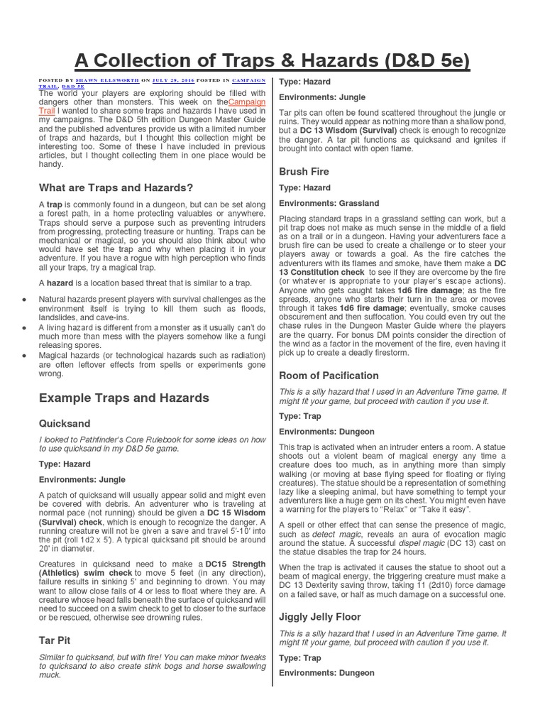 A Collection of Traps & Hazards (D&D 5e) | Download Free PDF | Dungeons ...