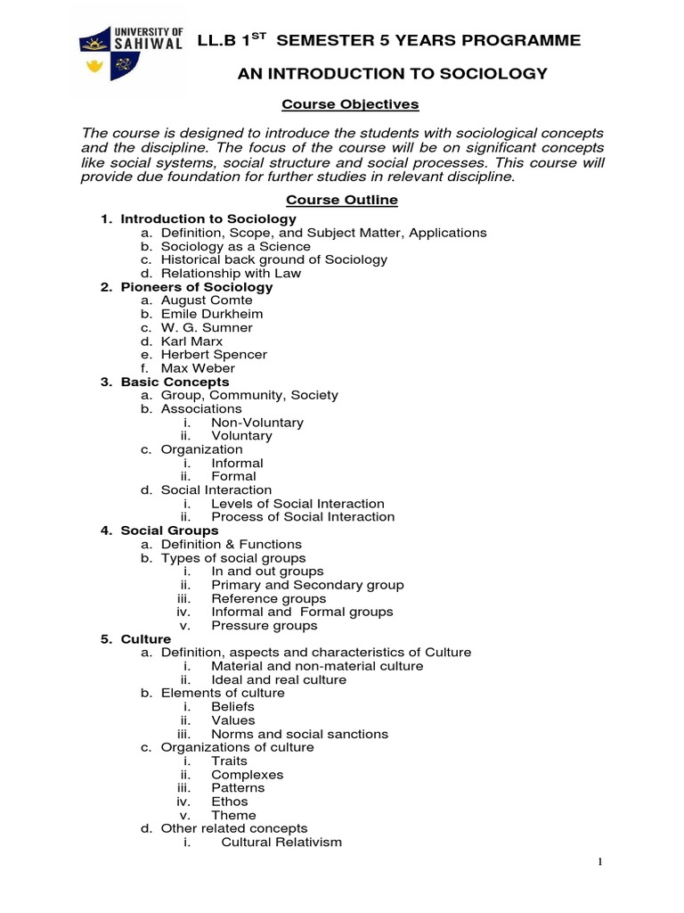 Introduction To Sociology Course Outline | PDF | Sociology | Academia