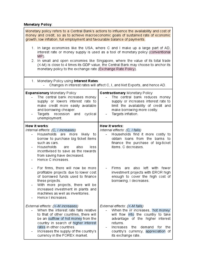 Econs Monetary Policy Table | PDF | Monetary Policy | Inflation
