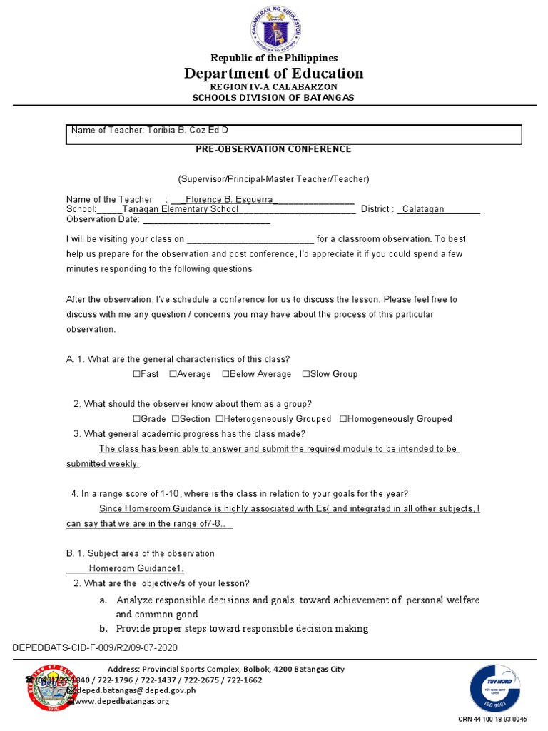 Pre-Observation Conference Insights | PDF | Teachers | Classroom Management