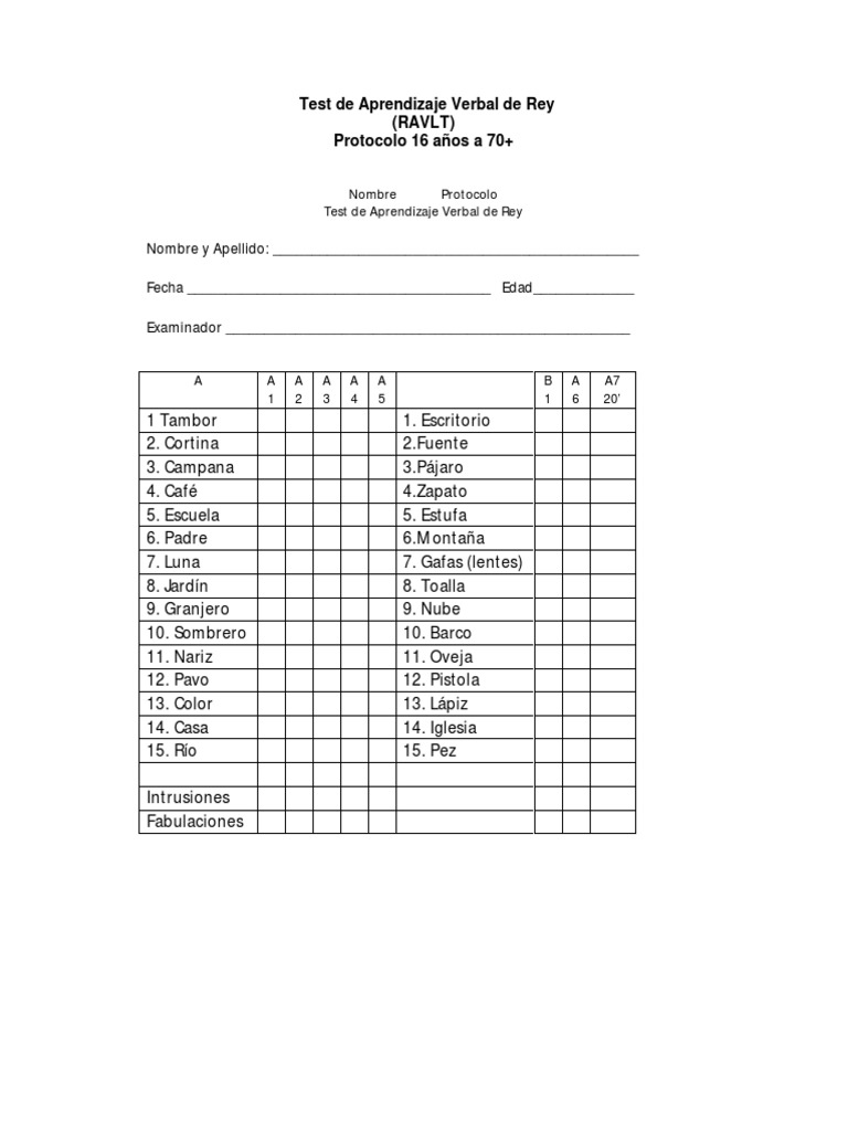 Test Auditivo Verbal de Rey Ravlt Compress | PDF
