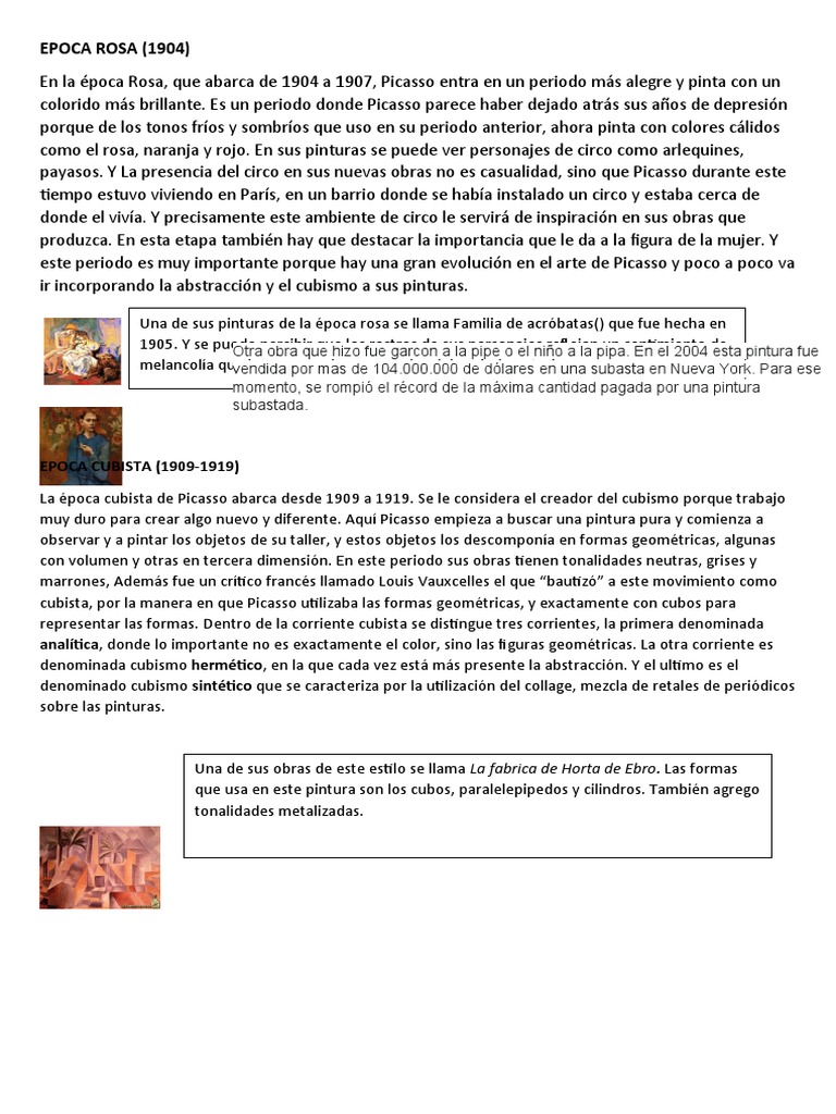 Picasso-Epoca Rosa y Cubista | PDF | Cubismo | Pablo Picasso