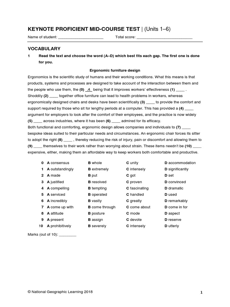 Keynote Proficient Mid-Course Test - (Units 1-6) : Vocabulary | PDF ...