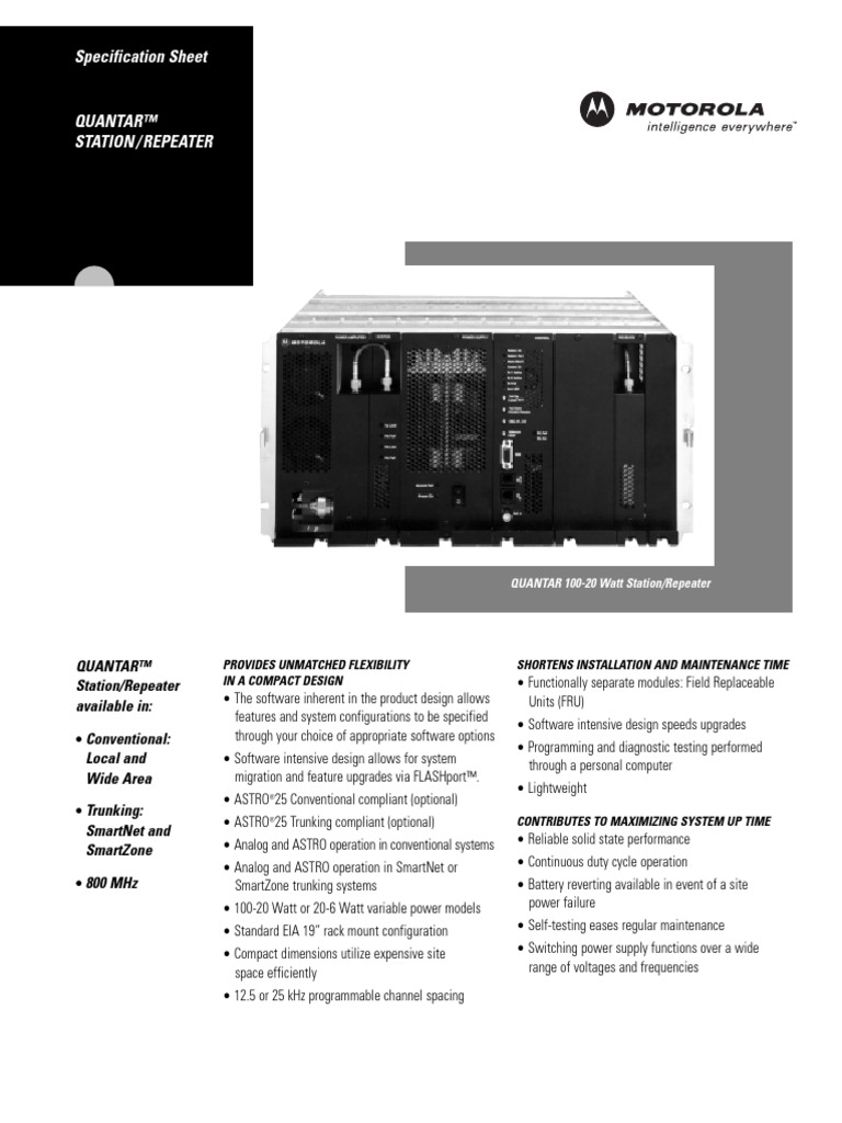 Specification Sheet: Quantar™ Station/Repeater Available in | Download ...