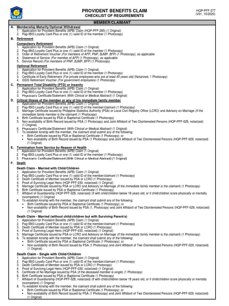 Provident Benefits Claim: Checklist of Requirements Member/Claimant ...