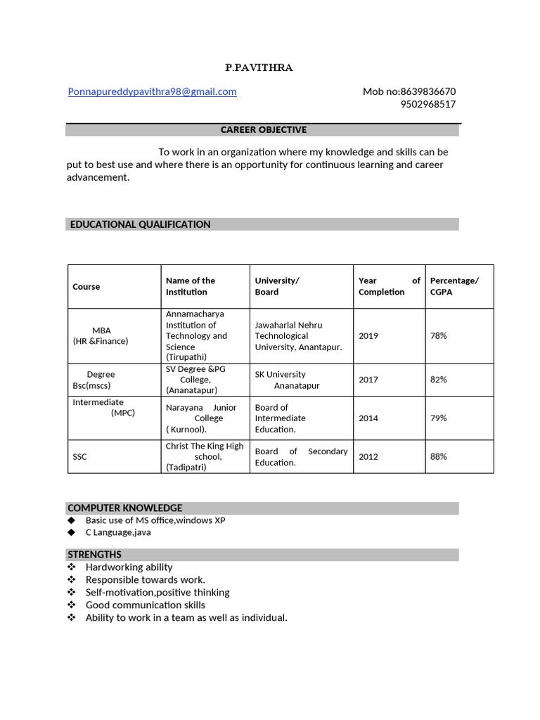 P Pavithra Course Name Of The Institution University Board Year Of