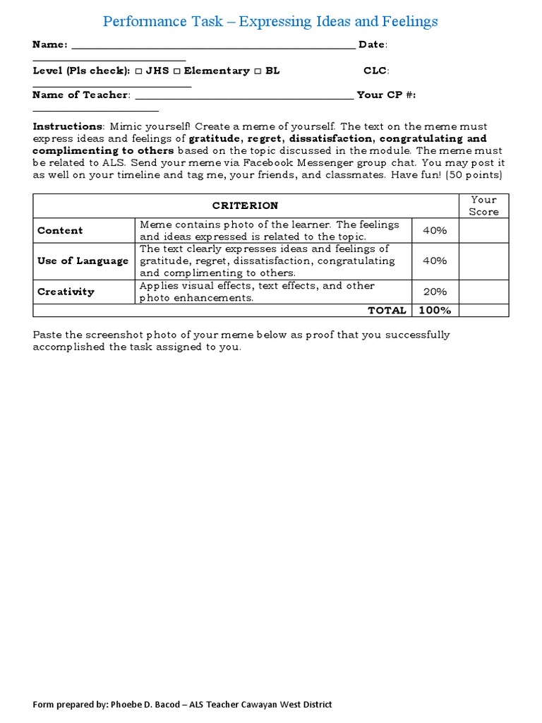 Performance Task - Expressing Ideas and Feelings | PDF