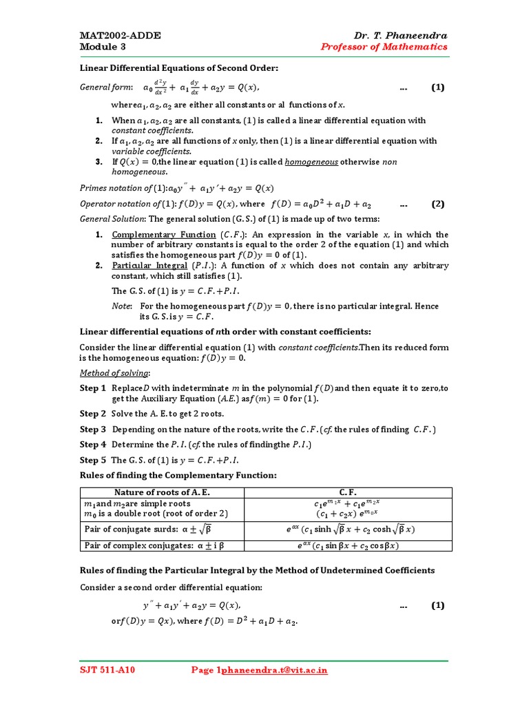 Second Order Linear Differential Equations | PDF | Ordinary ...