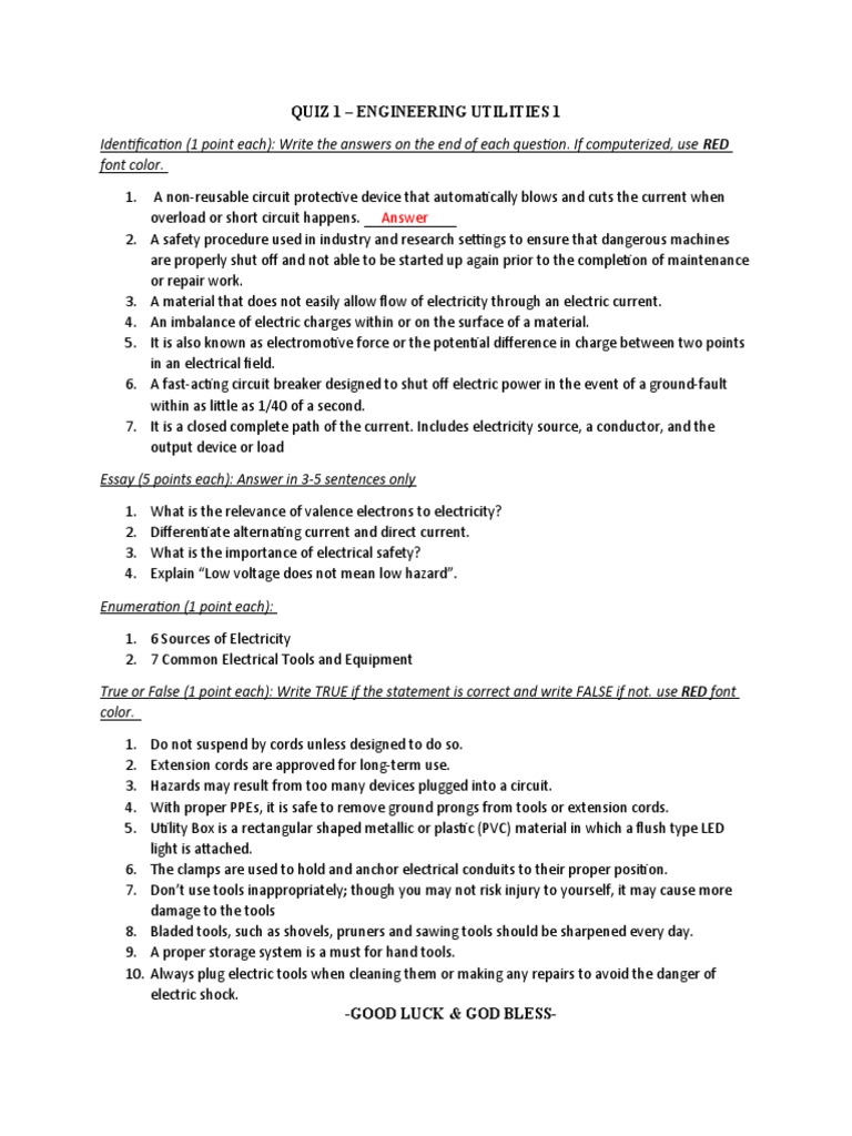 QUIZ 1 - Engineering Utilities 1 | PDF | Electricity | Voltage