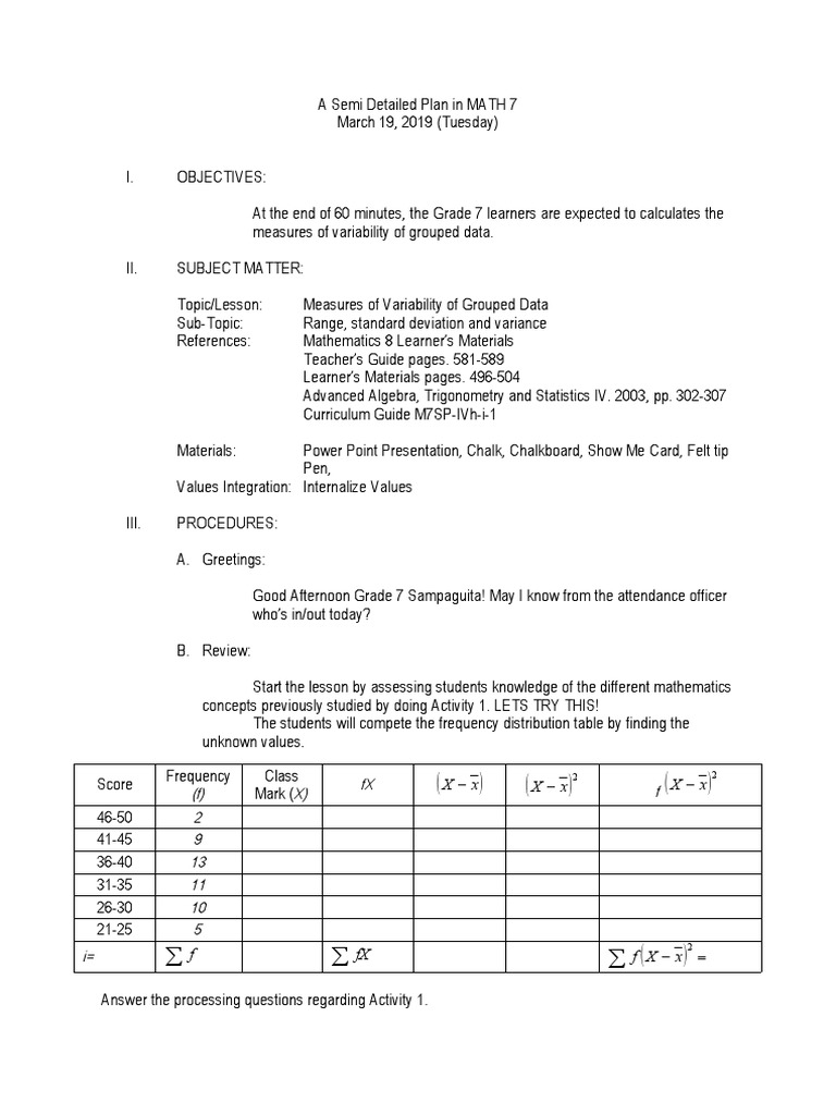 Lesson Plan Math 7 | PDF | Variance | Standard Deviation