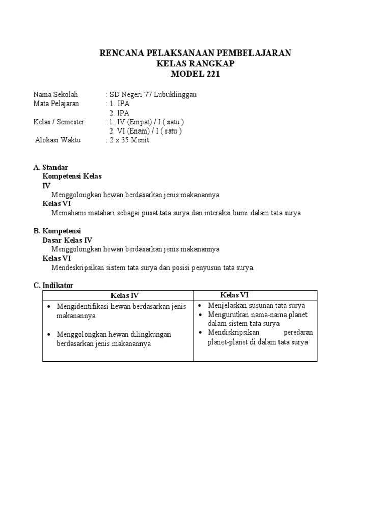 RPP PKR Kelas 2 dan 3 Model 221 | PDF | Karier & Perkembangan | Sains ...
