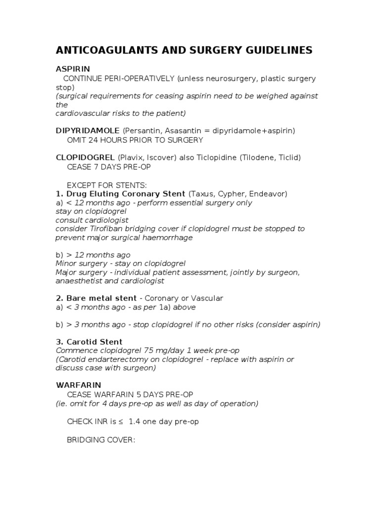 Anticoagulants Preoperative Instructions | PDF | Aspirin | Surgery
