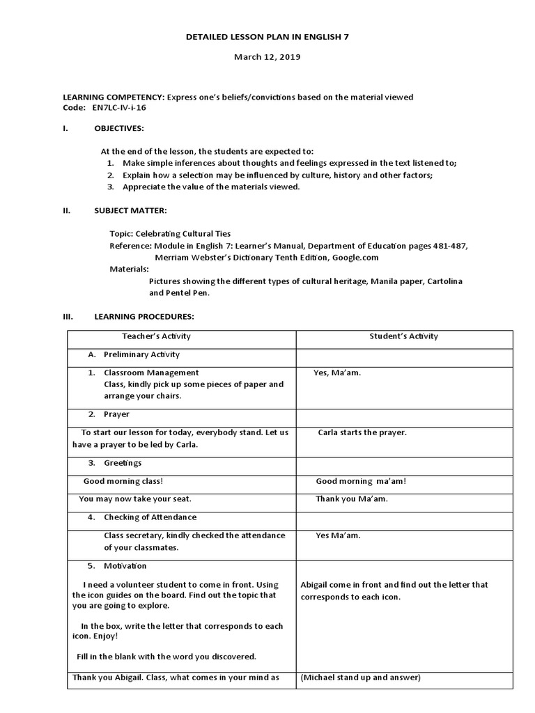 Detailed Lesson Plan in English 7 | PDF | Virtue | Lesson Plan