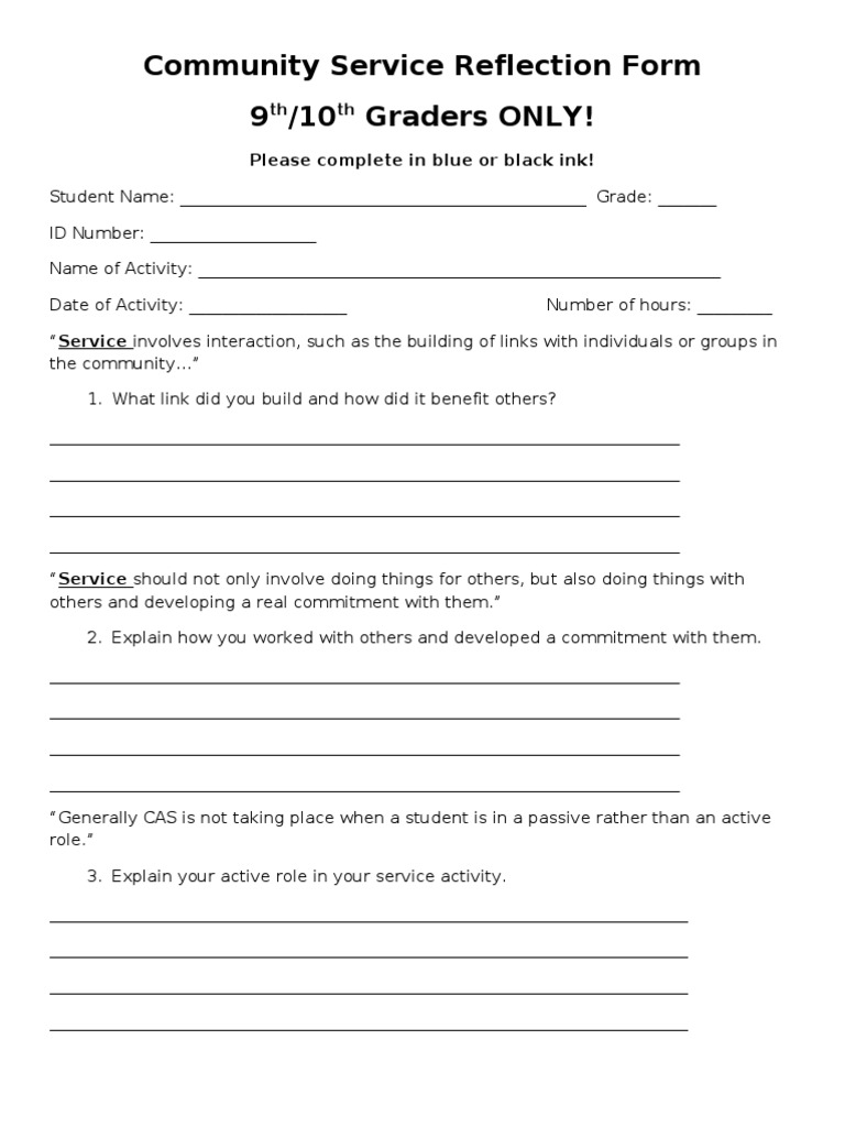 Community Service Reflection Form | PDF