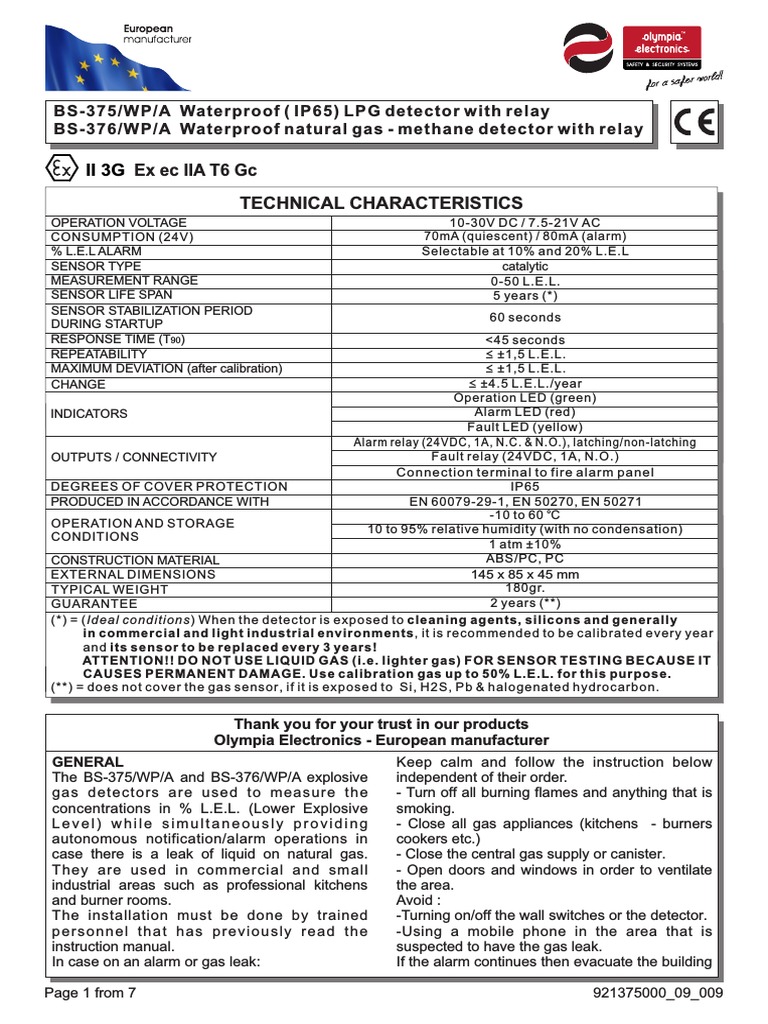 Ex Ec IIA T6 GC: Technical Characteristics | PDF | Relay | Sensor