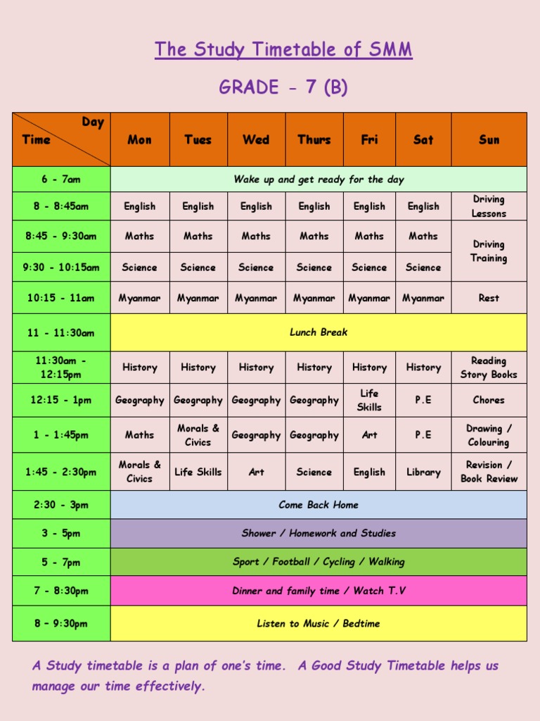 The Study Timetable of SMM Grade - 7 (B) : Day Time Mon Tues Wed Thurs ...