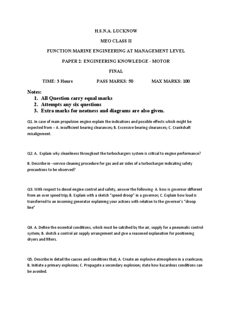 MEO Class II Engineering Knowledge Exam | PDF | Engines | Turbocharger
