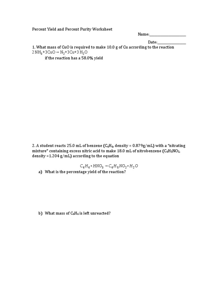 Percent Yield and Purity Worksheet | PDF | Science & Mathematics ...