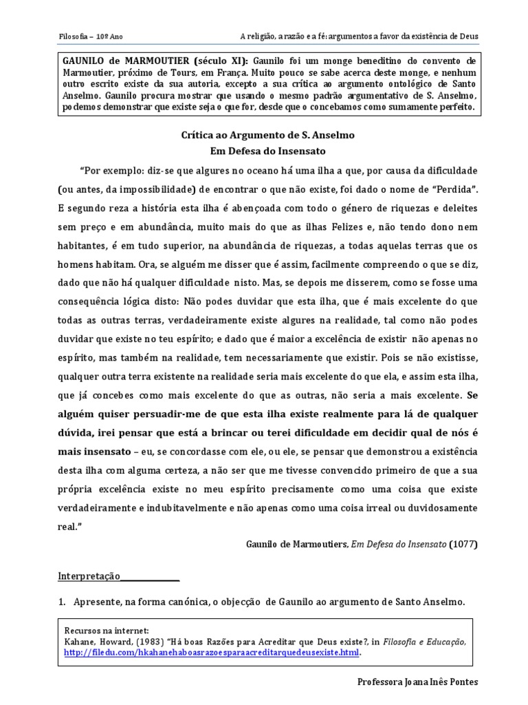 Crítica de Gaunilo Marmoutier | PDF | Realidade | Argumento