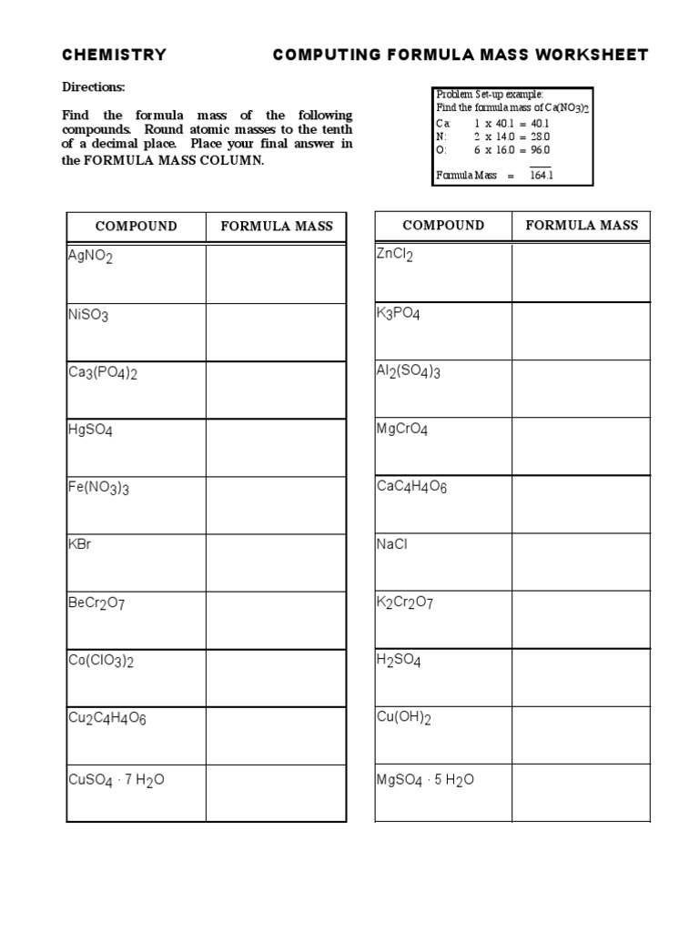Formula Mass Worksheet | PDF | Stoichiometry | Mole (Unit)
