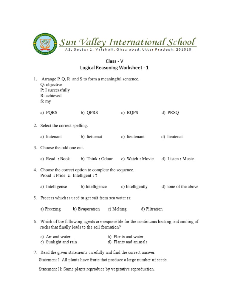 Class - V Logical Reasoning Worksheet - 1 | PDF