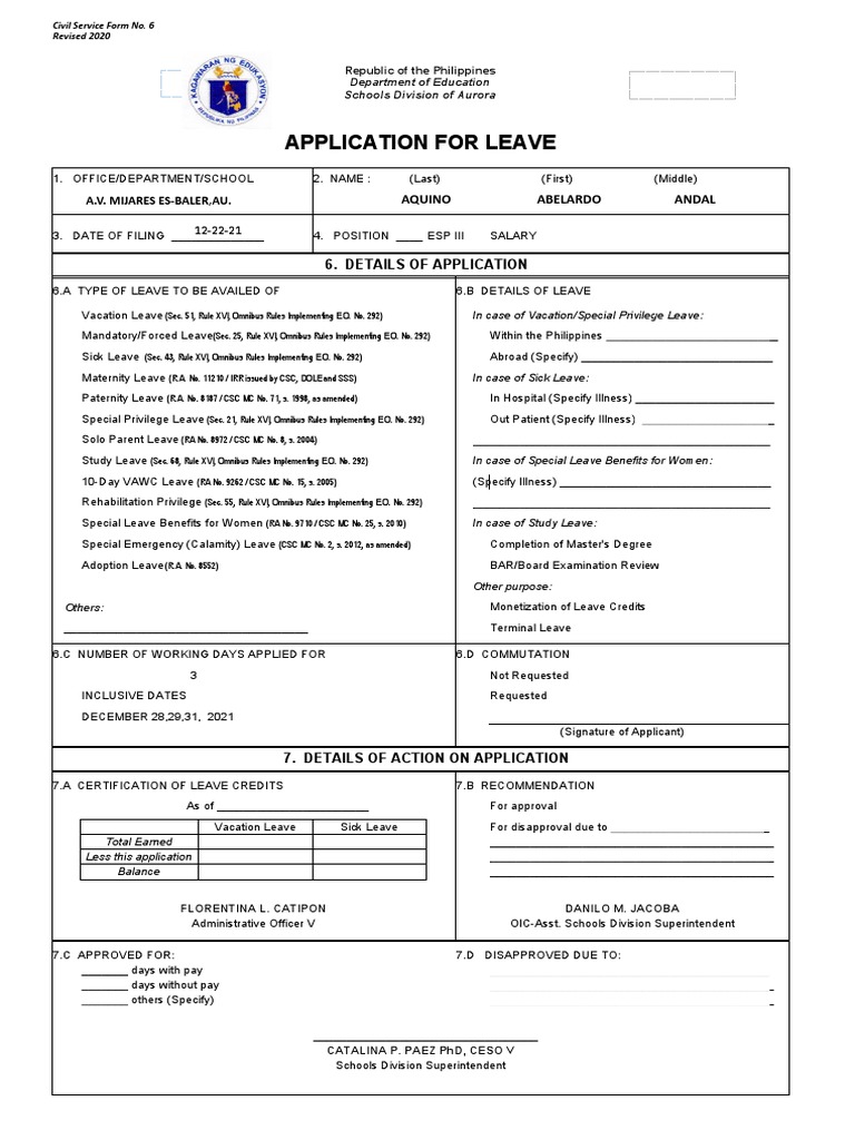Leave Application Form for Danilo Jacoba | PDF | Sick Leave | Social ...