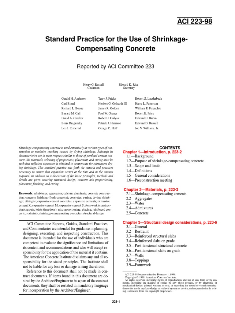 ACI 223-98 - Standard Practice For The Use of Shrinkage-Compensating Concrete | PDF | Concrete ...