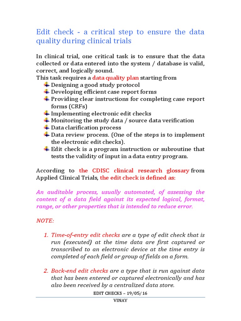 Edit Check - A Critical Step To Ensure The Data Quality During Clinical ...