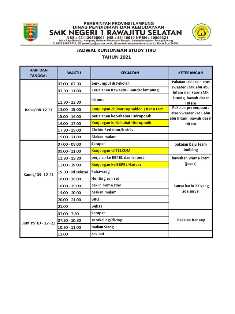 Jadwal Kunjungan Studi Tiru 2021 | PDF