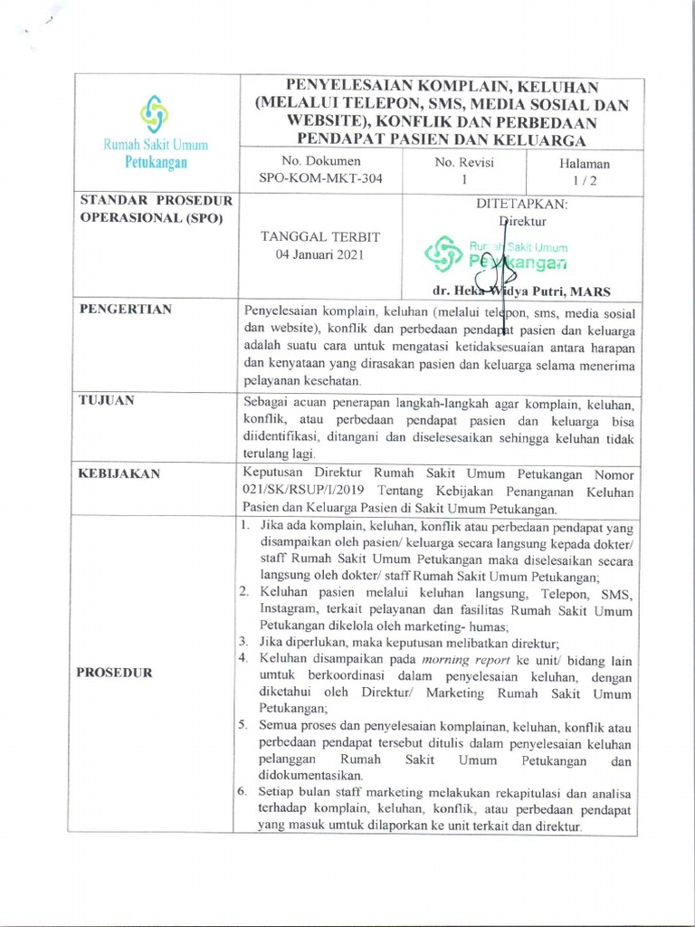 SOP Penyelesaian Komplain Dan Keluhan Pasien | PDF