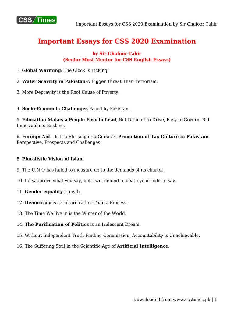 Key Essays for CSS 2020 Exam | PDF | Pakistan