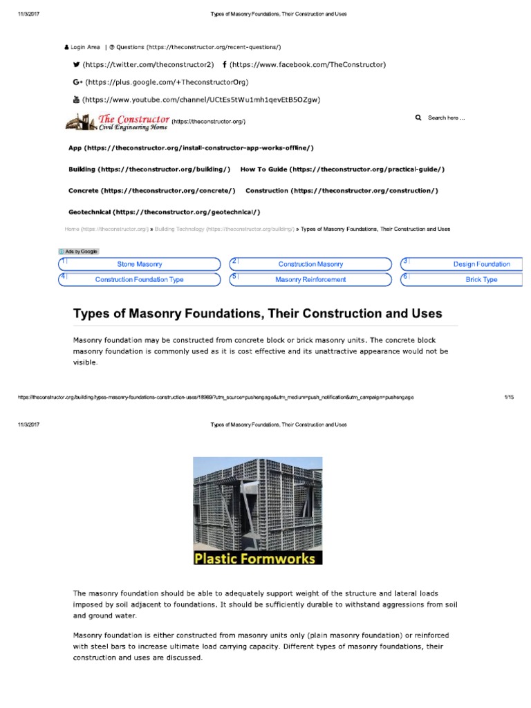 Types of Masonry Foundations, Their Construction and Uses | PDF