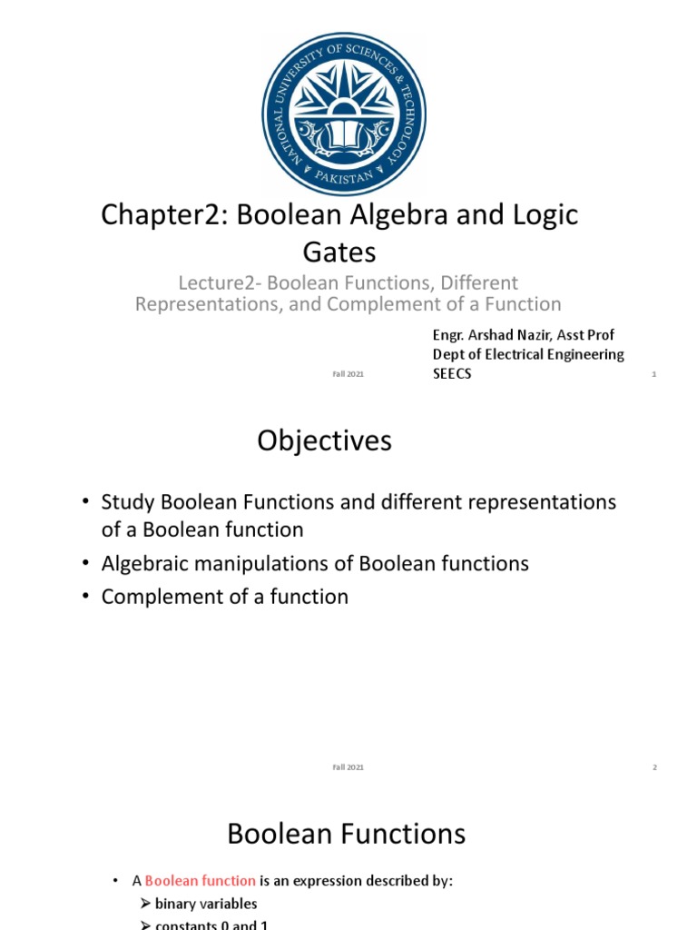 11 - Lecture2 Chapter2 - Boolean Functions, Different Representations. and Complement of A ...